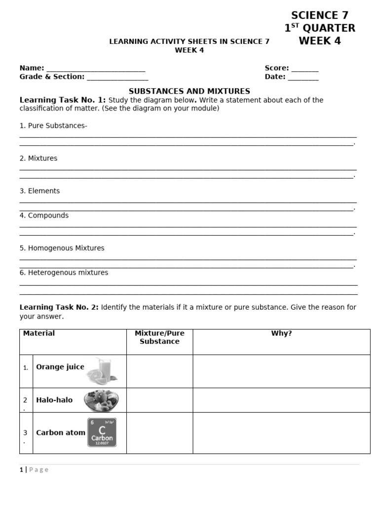 LAS G7 Q1 WEEK 4 SCIENCE | PDF | Mixture | Chemical Substances