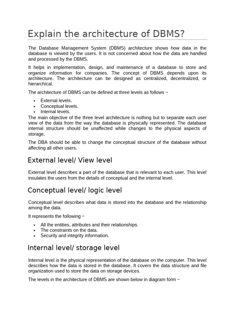 Explain The Architecture of DBMS?: External Level/ View Level | PDF