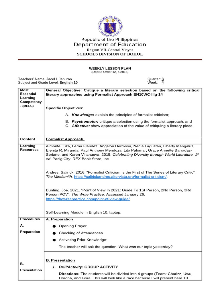 Grade-10-Formalist-Approach-Lesson-Plan | PDF | Narration Grade-10-Formalist-Approach-Lesson-Plan | PDF | Narration