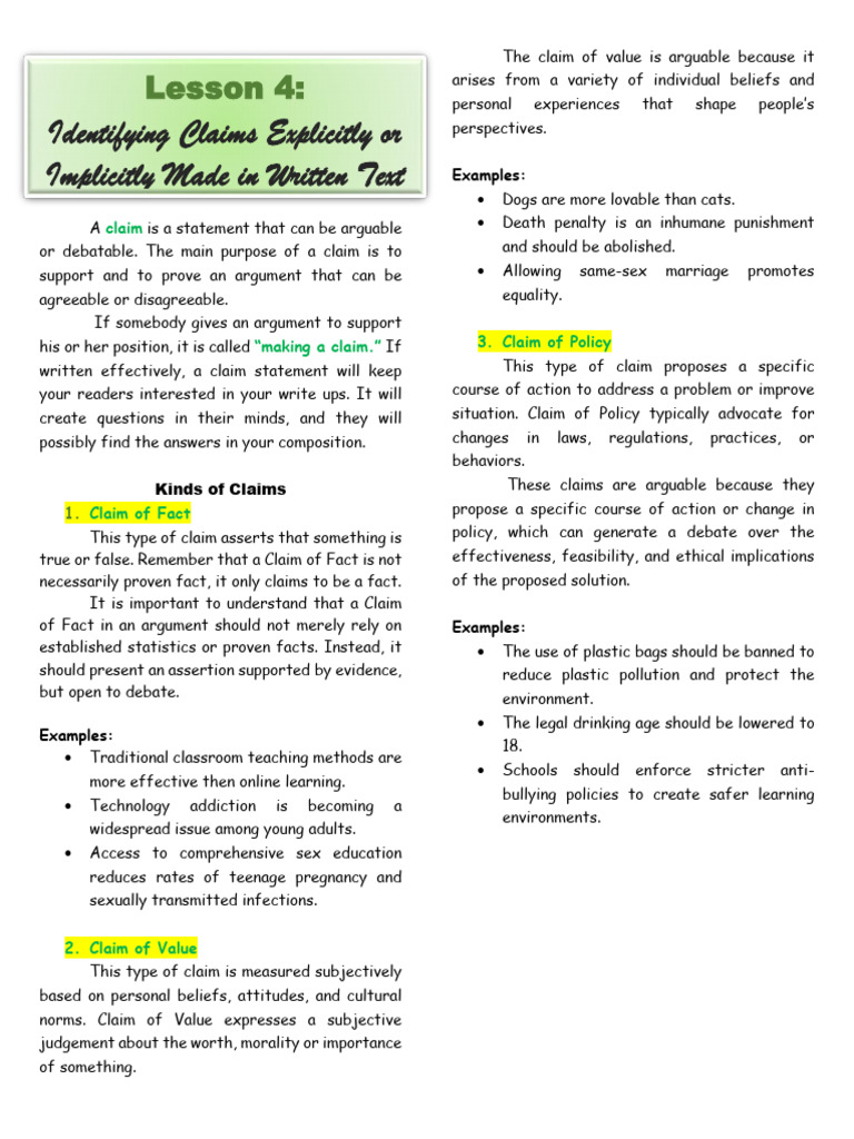 RWS Lesson 4 (Identifying Claims Explicitly or Implicitly Made in A ...