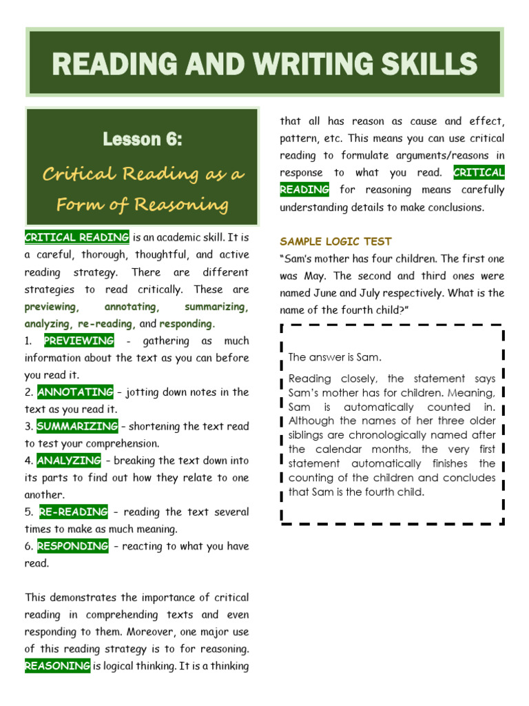 Critical Reading Strategies for Reasoning | PDF