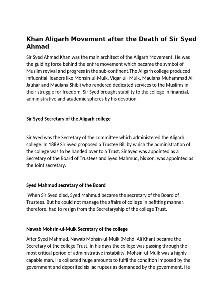 Aligarh Movement Post Sir Syed's Death | PDF | Pakistan Movement