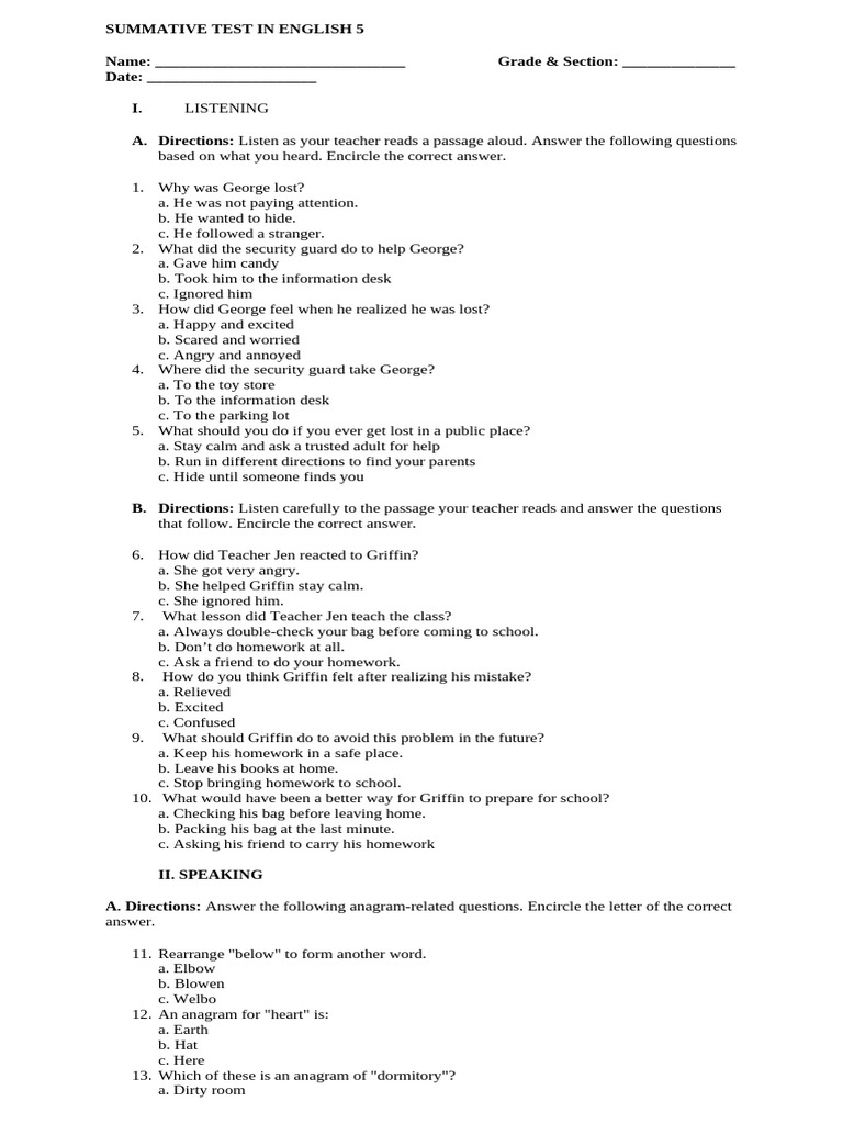 English 5 Summative Test Guide | PDF | Tiger
