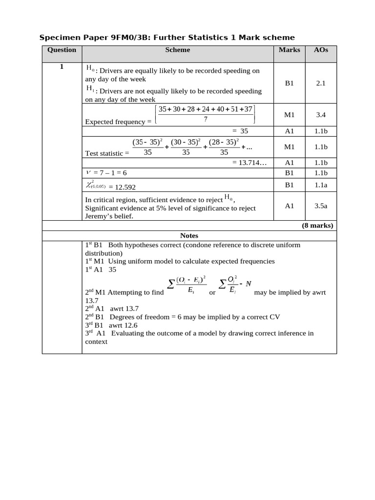 9FM0 3B Further Statistics 1 Specimen Paper Mark Scheme Word | PDF ...