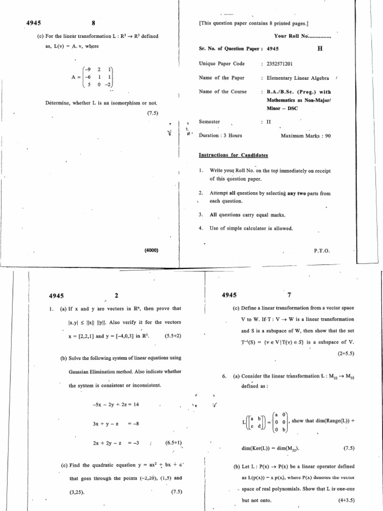 P5Du PYQ Math Linear Algebra | PDF | Matrix Theory | Algebra