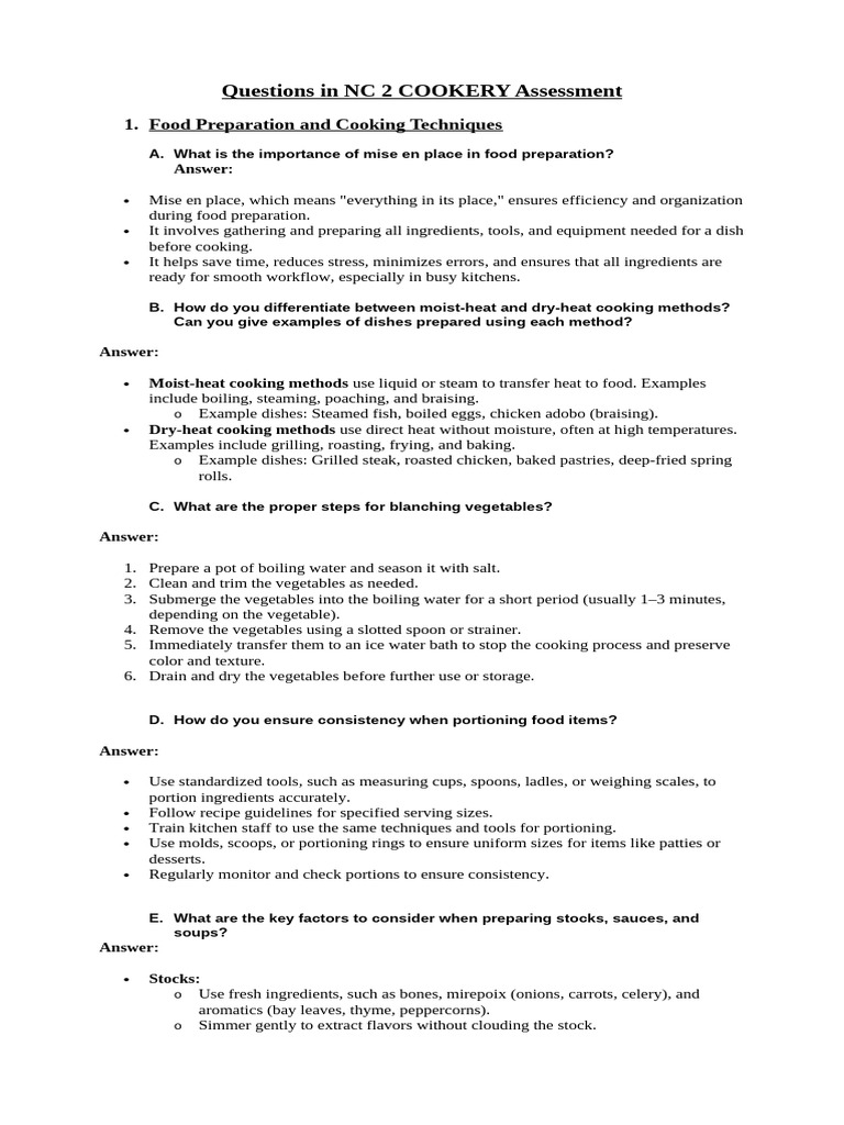 NC 2 Cookery Assessment Questions | PDF | Cooking | Stock (Food)