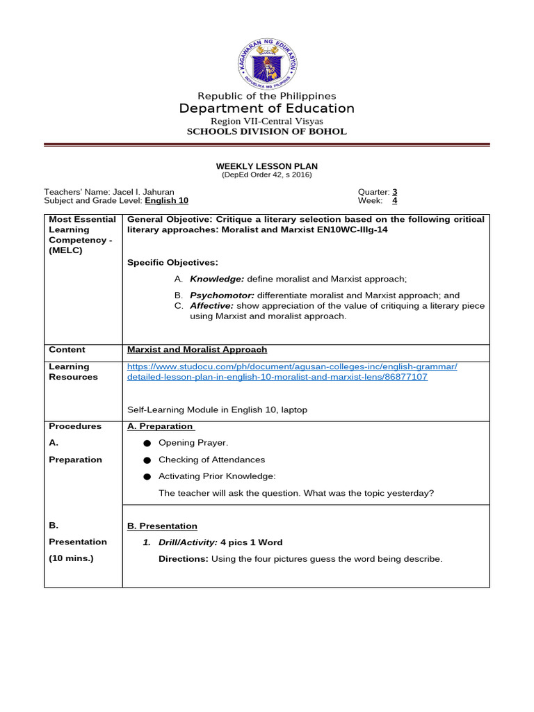 English 10 Weekly Lesson Plan: Literary Approaches | PDF | Marxism ...