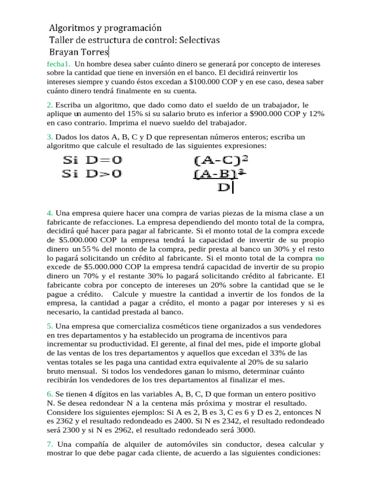 Taller Estructuras de Control Selectivas | PDF | Interés | Inversiones
