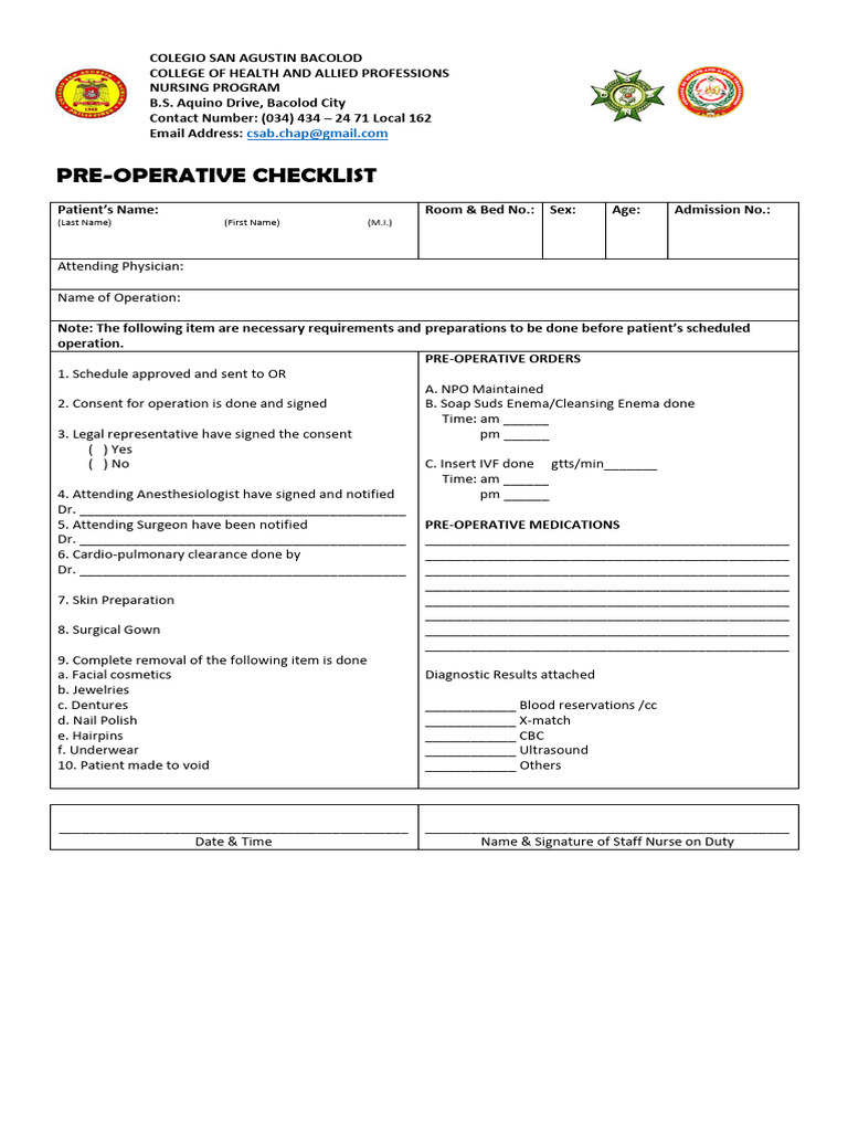 Pre-Operative Checklist and Records | PDF | Surgery | Health Care