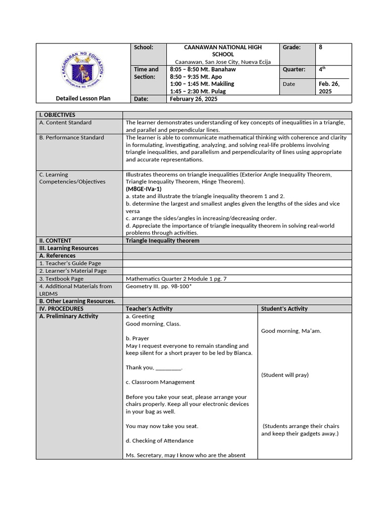 Triangle Inequality Theorem Lesson Plan | PDF | Triangle | Angle
