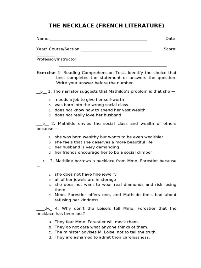 "The Necklace: Reading Comprehension Guide" | PDF
