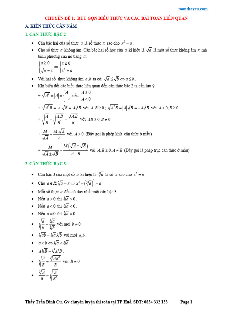 Chuyen de Rut Gon Bieu Thuc Va Cac Bai Toan Lien Quan Tran Dinh Cu | PDF