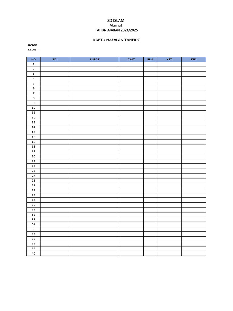 Contoh Kartu Hafalan Tahfidz | PDF