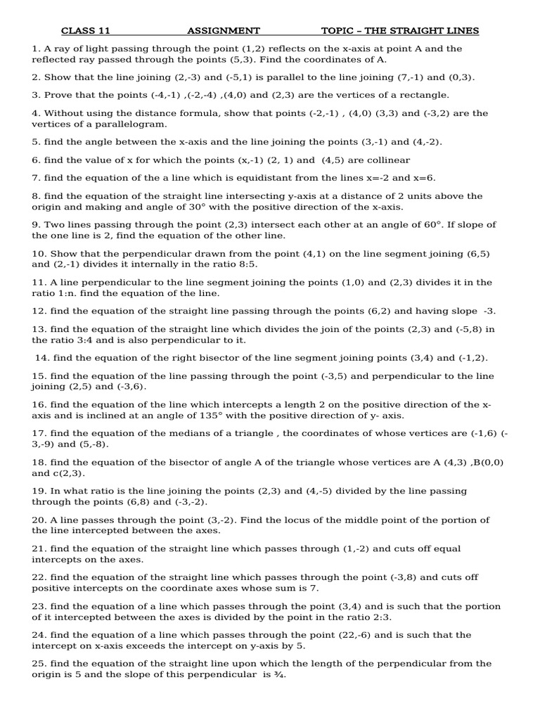 Straight Line Assignment | PDF | Line (Geometry) | Perpendicular
