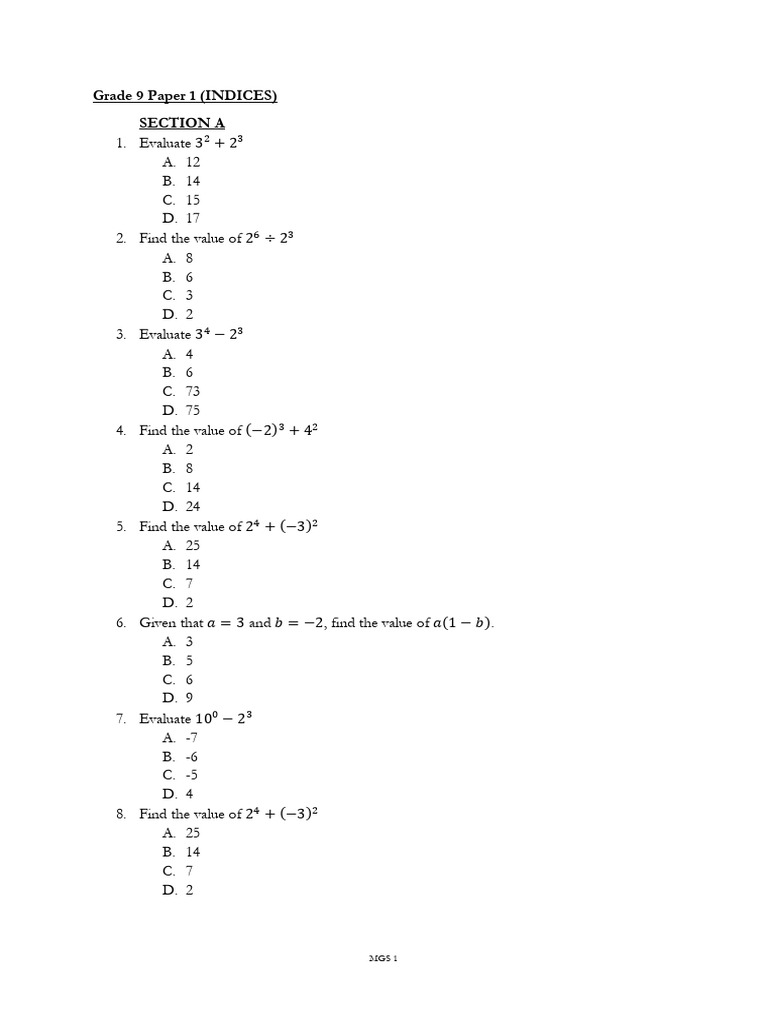Grade 9 Paper 1 Indices | PDF
