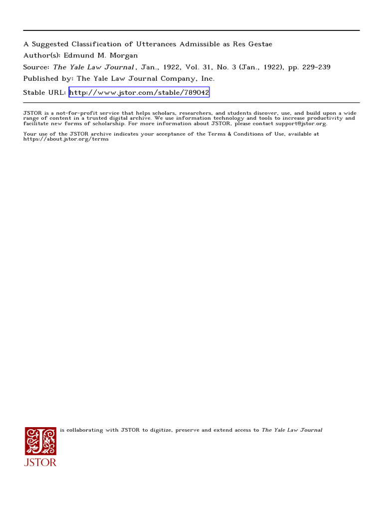 MORGAN, Edmund. A Suggested Classification of Utterances Admissible As Res Gestae | PDF ...