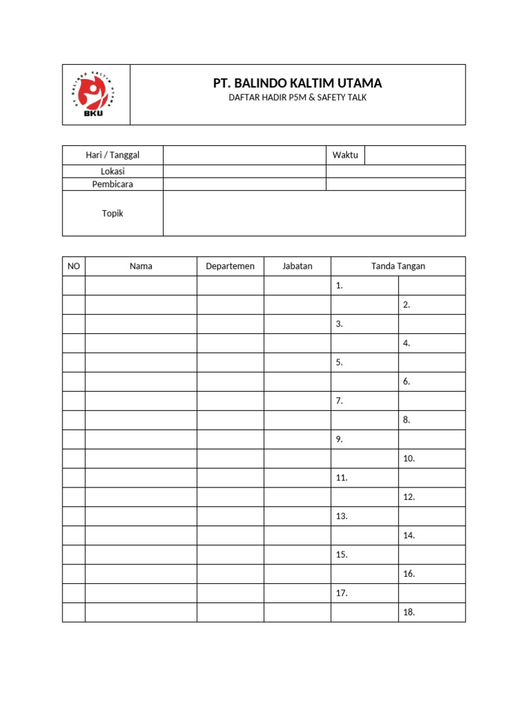 Lembar Absensi P5M dan Safety Talk | PDF