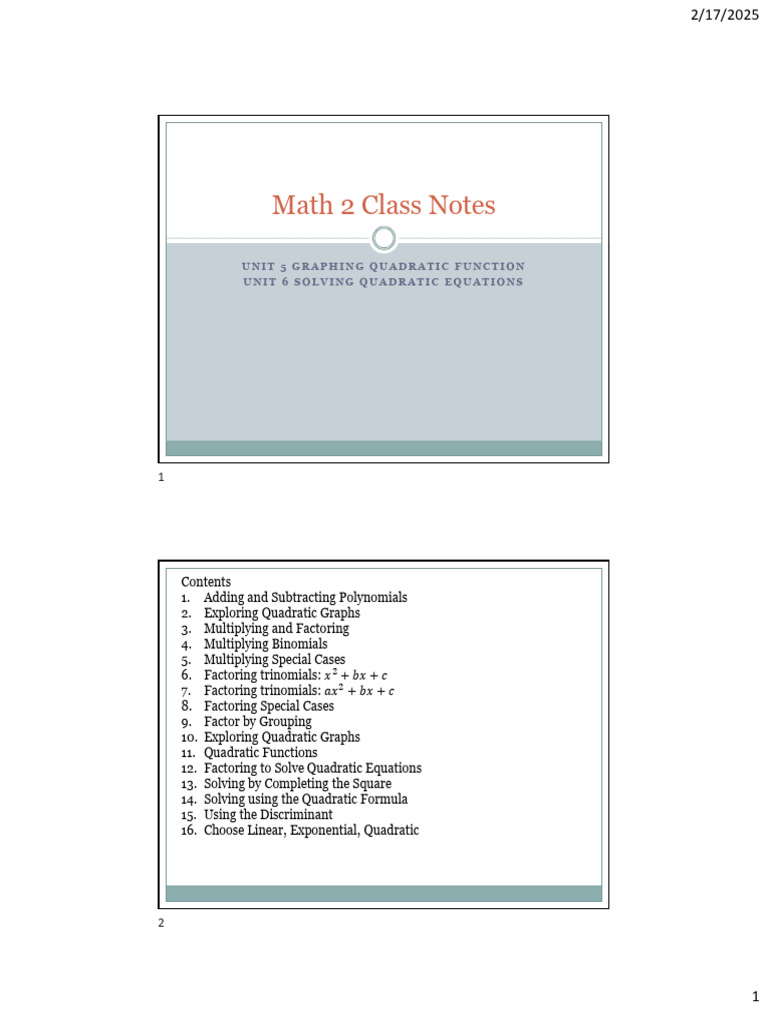 Math 2 Units 5 and 6 Class Notes | PDF | Polynomial | Quadratic Equation