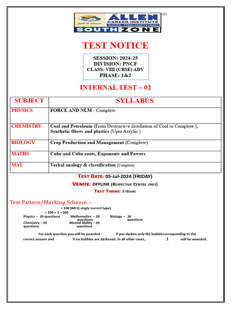 Class VIII Internal Test Notice 2024 | PDF