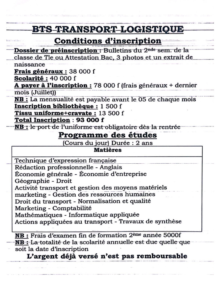 Fiche BTS Transport Logistique | PDF