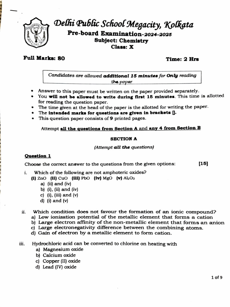 Class-10 Chemistry Pre-Board Dps Megacity | PDF