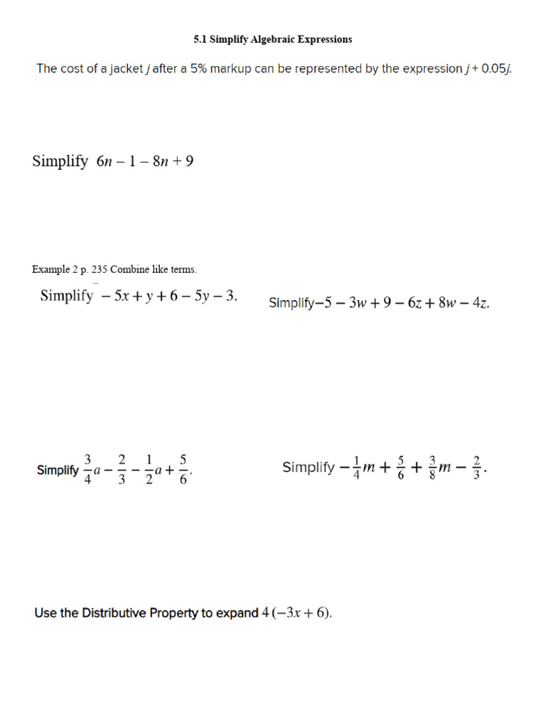 CW #5 5.1 Simplify Algebraic Expressions | PDF