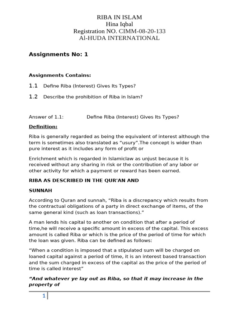 Al Huda International Assignments#1 | PDF | Usury | Interest