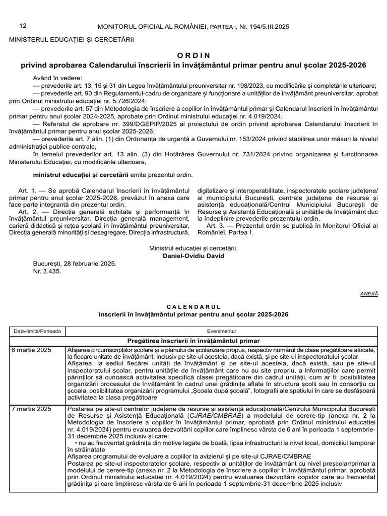 Calendar Inscriere Primar 2025 - 2026 | PDF