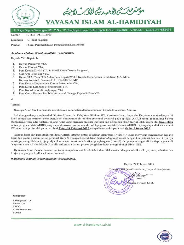 018 Surat Pemberitahuan Pemutakhiran Data AHRIS. | PDF