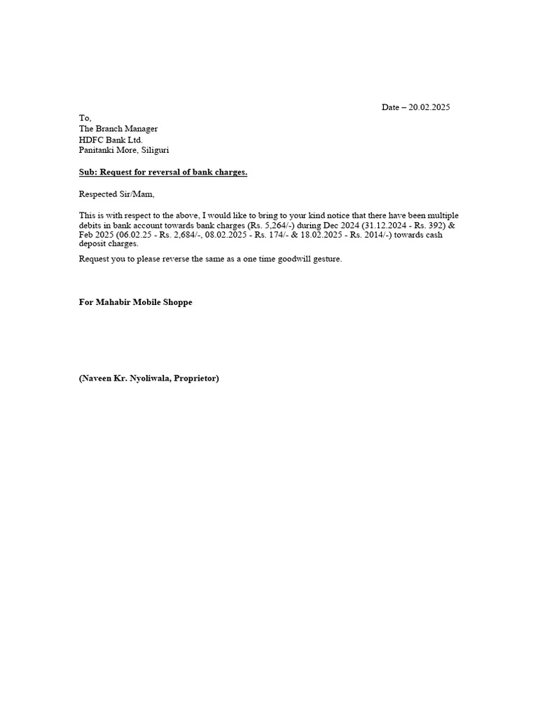 Request for Reversal of Bank Charges | PDF