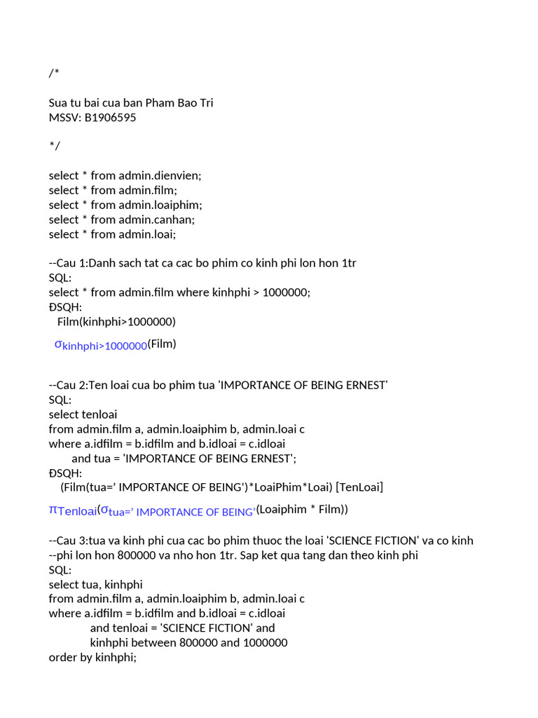 Sua Bai Tap Buoi 8 - CSDL Film | PDF | Vietnam