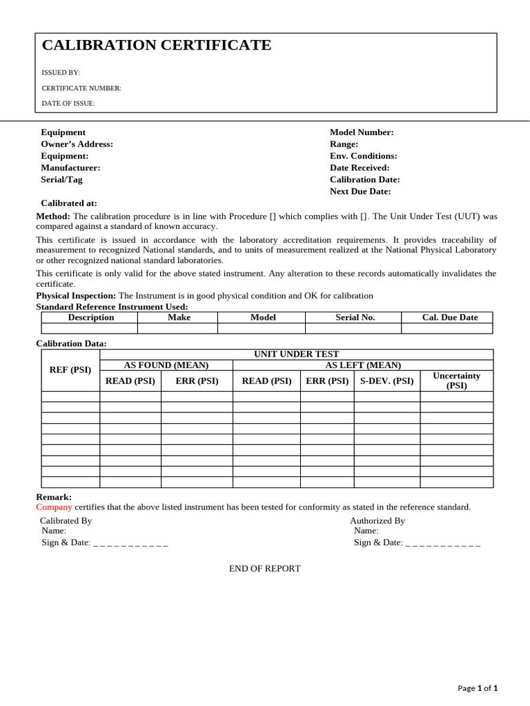 Pressure Gauge Calibration Certificate | PDF | Calibration