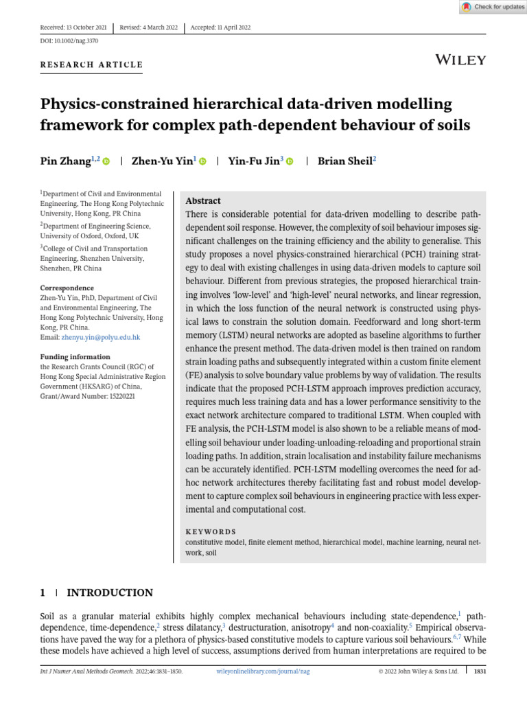 Num Anal Meth Geomechanics - 2022 - Zhang - Physics‐constrained hierarchical data‐driven ...