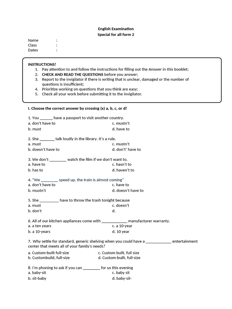 English Examination Form 2 Fixed | PDF