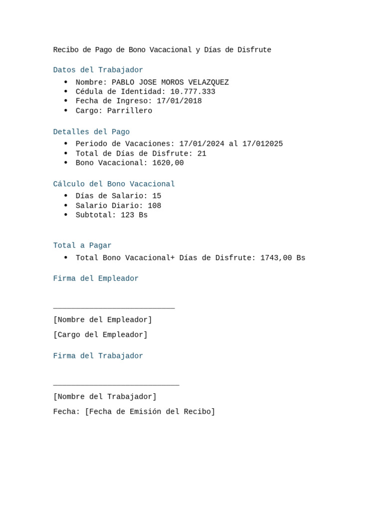 Recibo de Pago de Bono Vacacional y Días de Disfrute | PDF