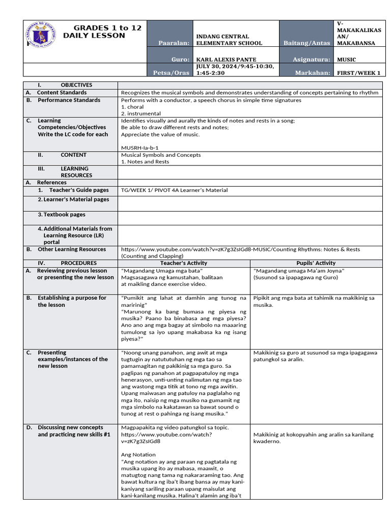 DLP-Q1 Wk1-7.30-Mapeh 5 | PDF