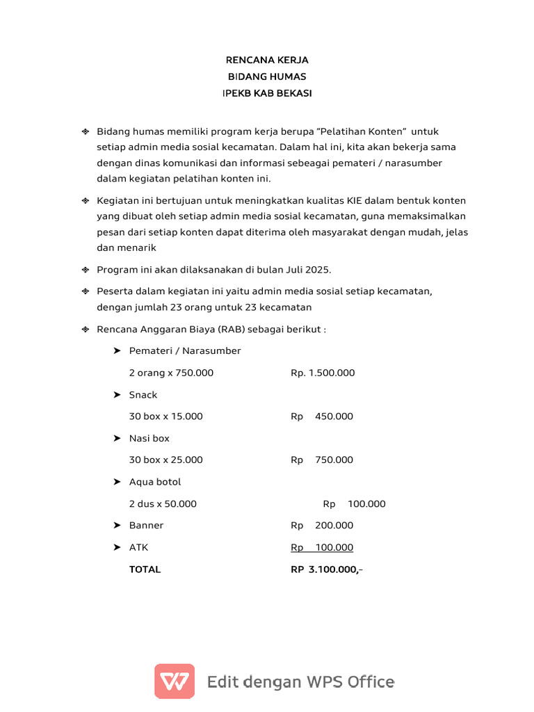 Rencana Kerja Bidang Humas | PDF