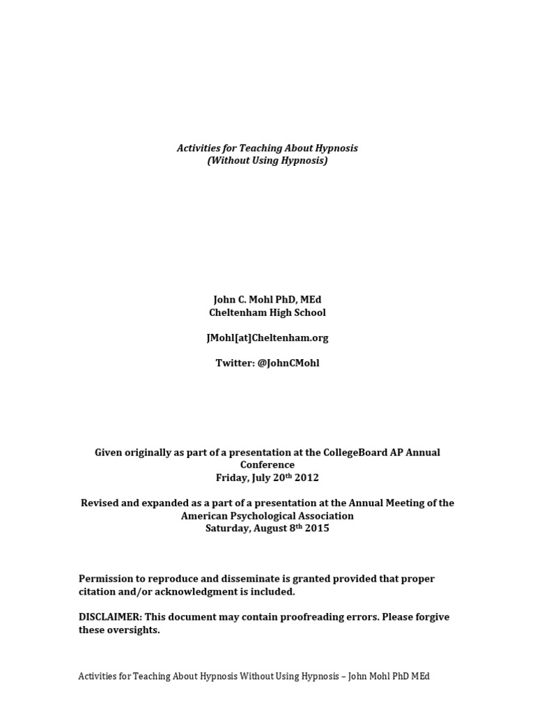 9 John Mohl Activities For Teaching Hypnosis | PDF | Hypnosis | Laughter