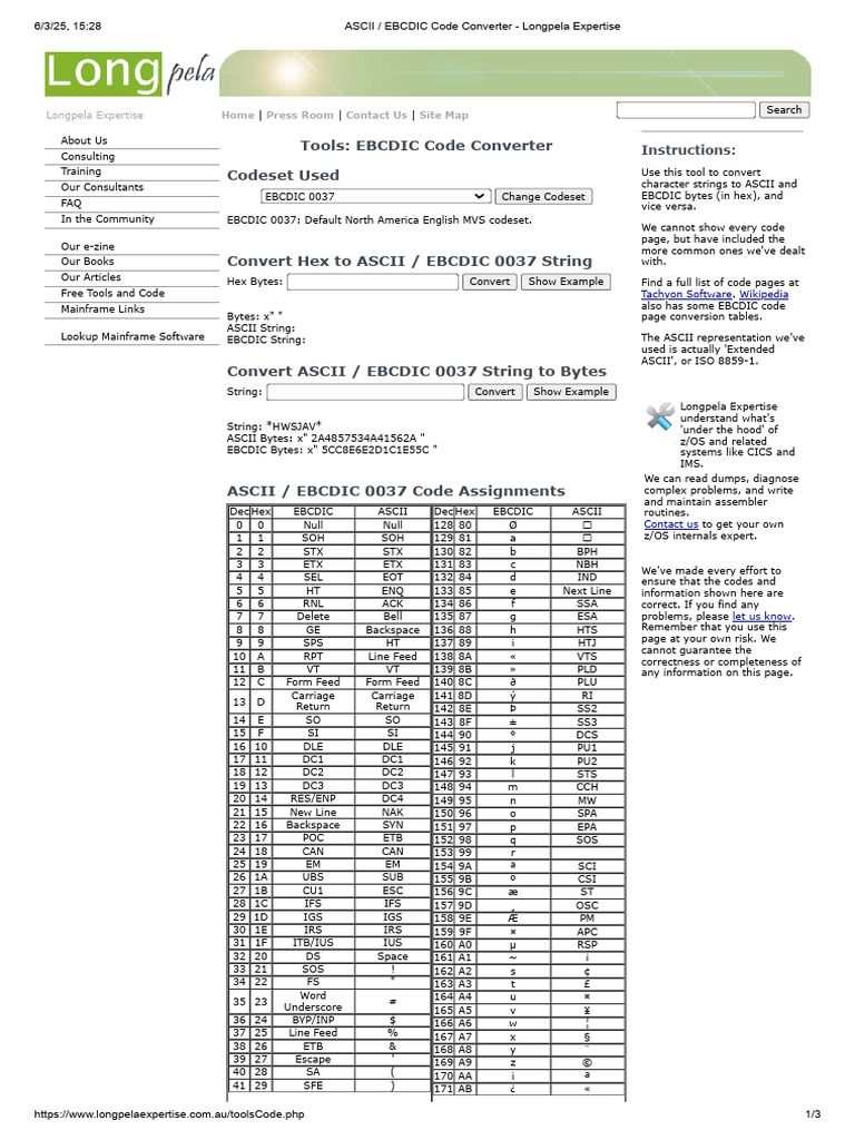 ASCII - EBCDIC Code Converter - Longpela Expertise | PDF | Ebcdic | Ascii