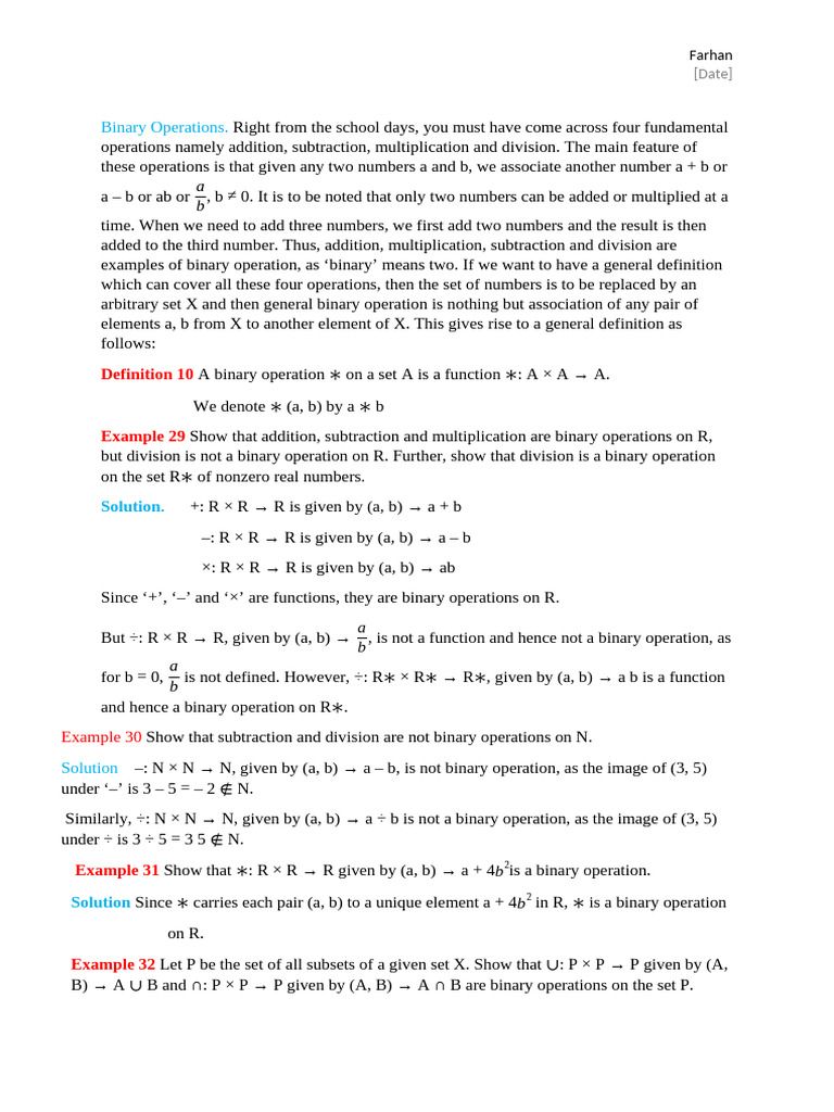 Binary Operation Ch-1 Class XII | PDF | Multiplication | Mathematical Logic