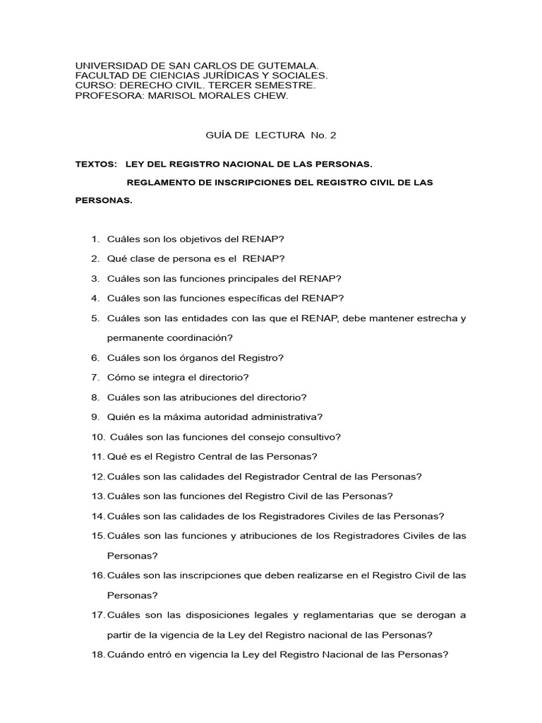 Guia de Lectura No. 2 Ley Del Renap | PDF