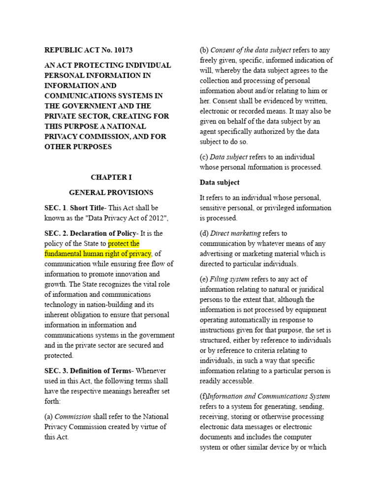 Data Privacy Act of 2012 Overview | PDF | Privacy | Subpoena Duces Tecum