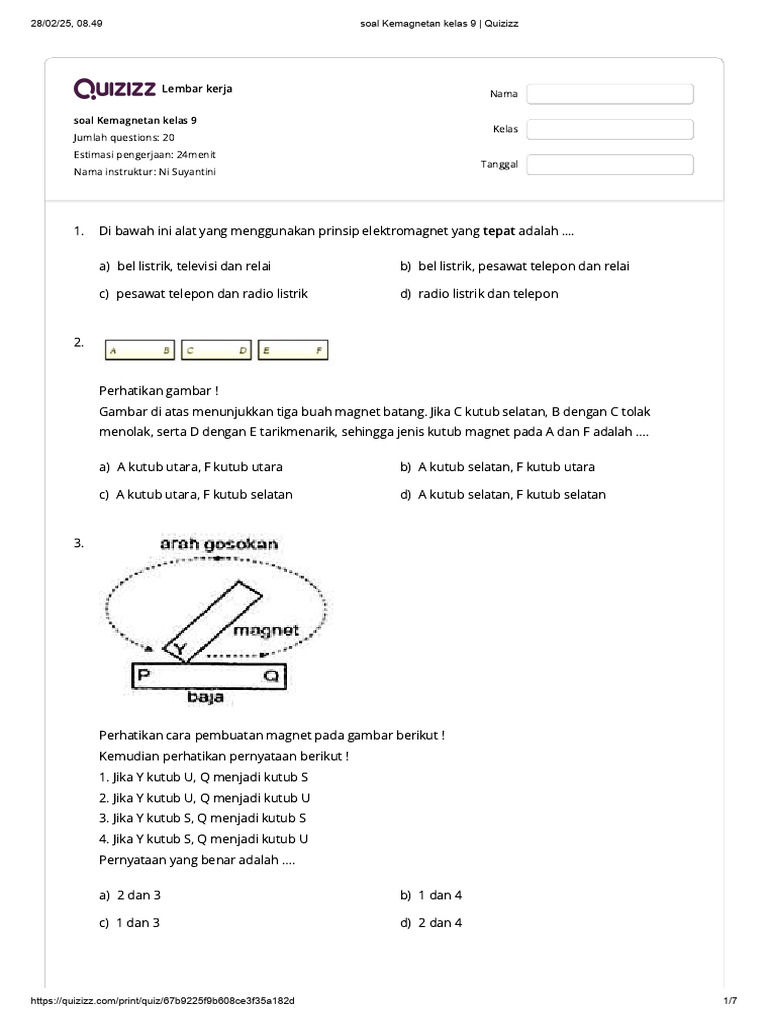 Soal Kemagnetan Kelas 9 - Quizizz | PDF