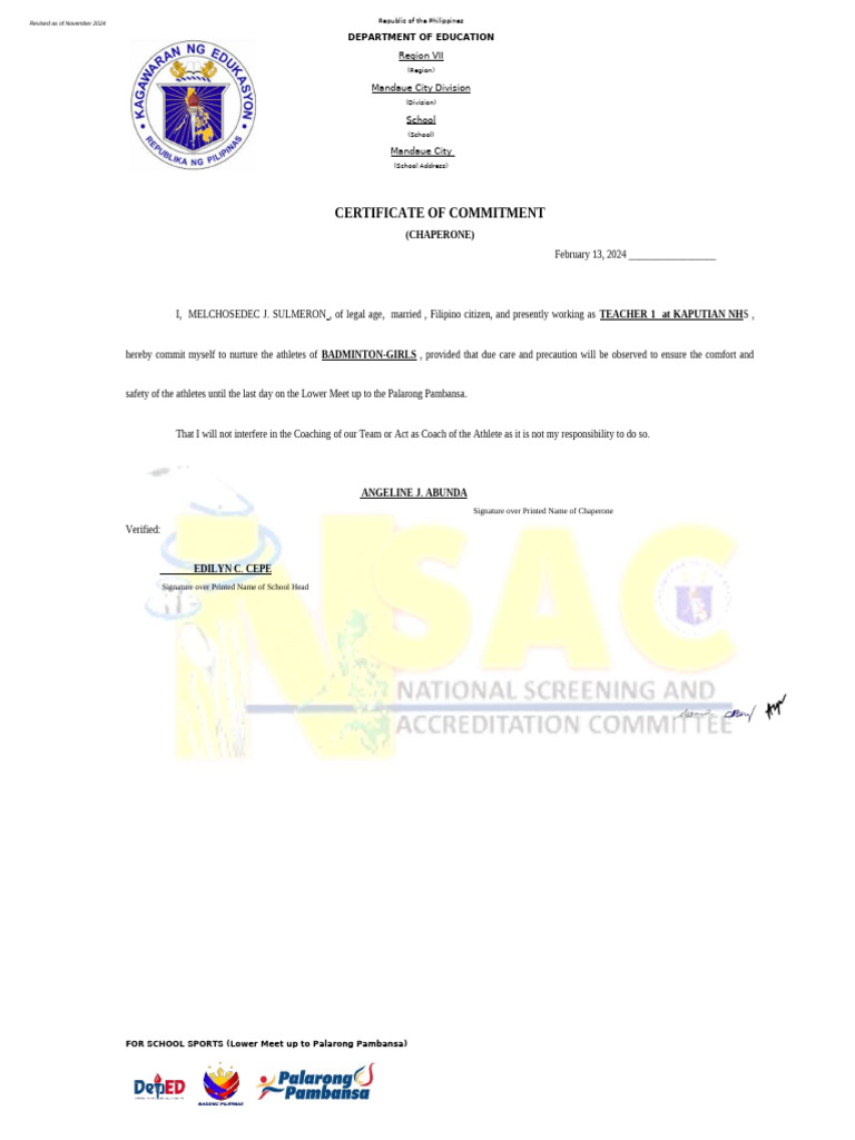 Commitment Chaperones v2024 | PDF | Philippines