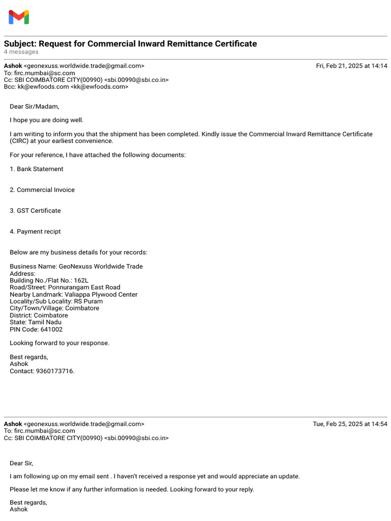 Request for SBI FIRC Issuance | PDF