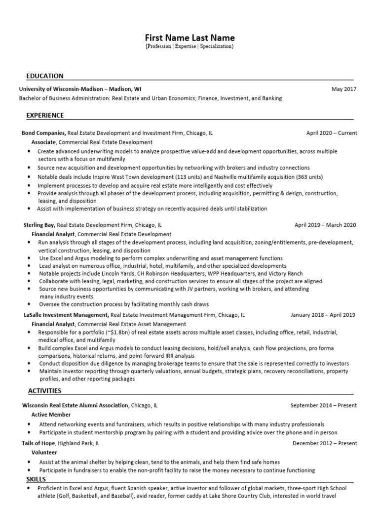 Commercial Real Estate Analyst Resume | PDF | Financial Analyst ...