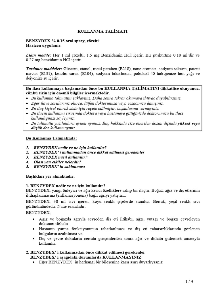 Benzydex Yuzde 0 15 Oral Sprey Cozelti KT | PDF