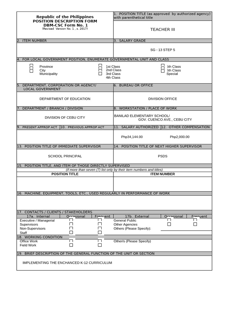 Teacher III Position Description Form | PDF | Teachers | Lesson Plan
