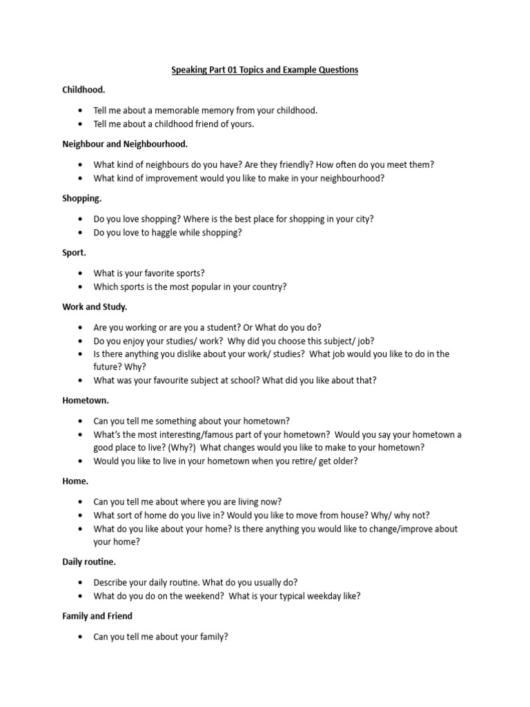 Speaking Part 1 - Topics | PDF