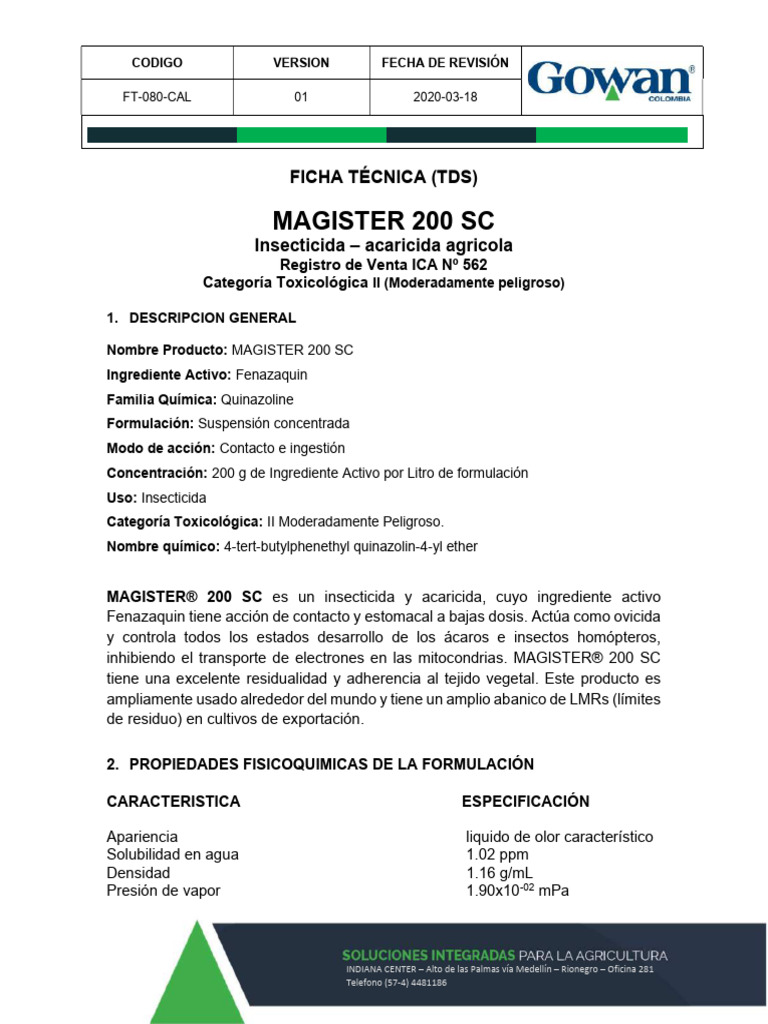 Ficha tecnica magister 200sc | PDF | Agua | Insecticida